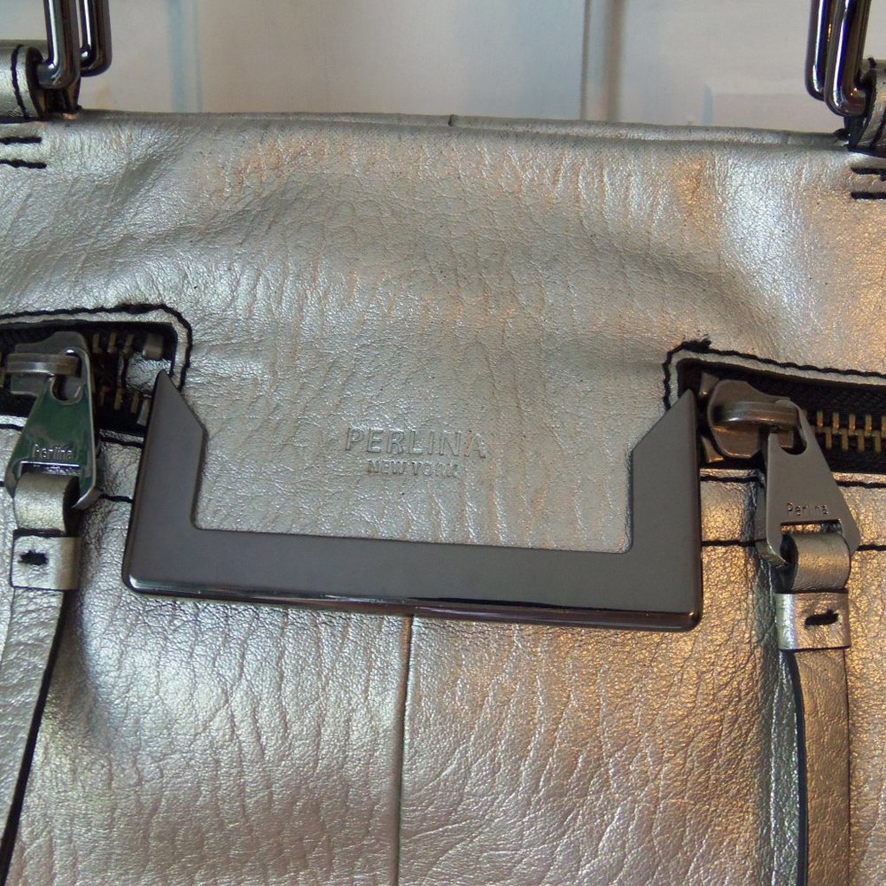 Perlina Metallic Silver Pebbled Leather Tote - Gem